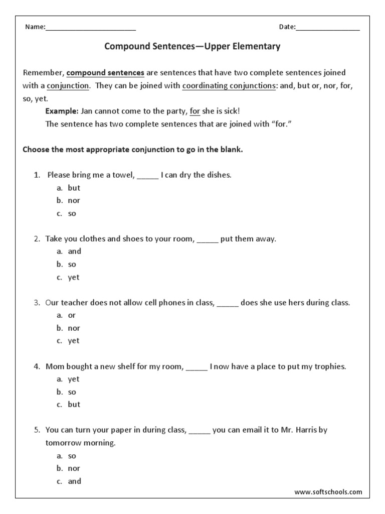 Compound Sentences Upper Elementary Grade Worksheet | PDF