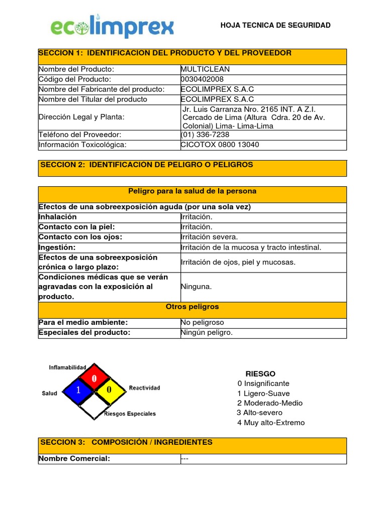 Multiclean MSDS | PDF | Agua | Residuos