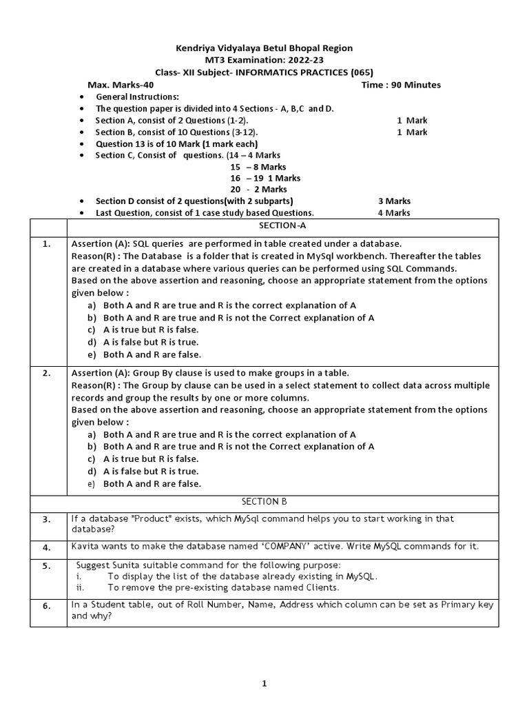 QP IP XII TEST 1 | PDF | Databases | Software Engineering