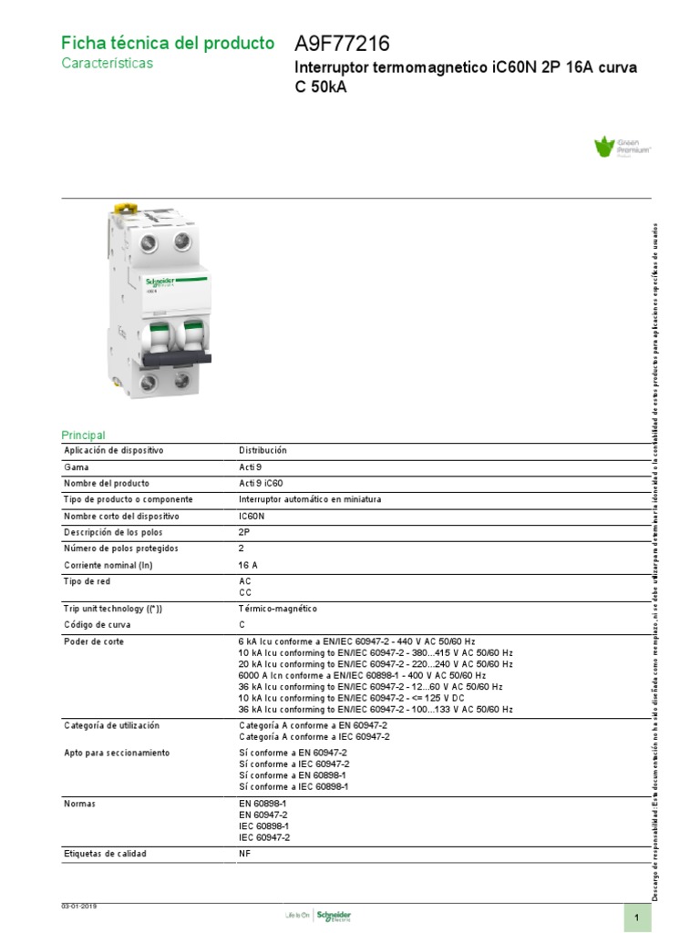 Ficha Técnica Del Producto: Interruptor Termomagnetico iC60N 2P 16A ...