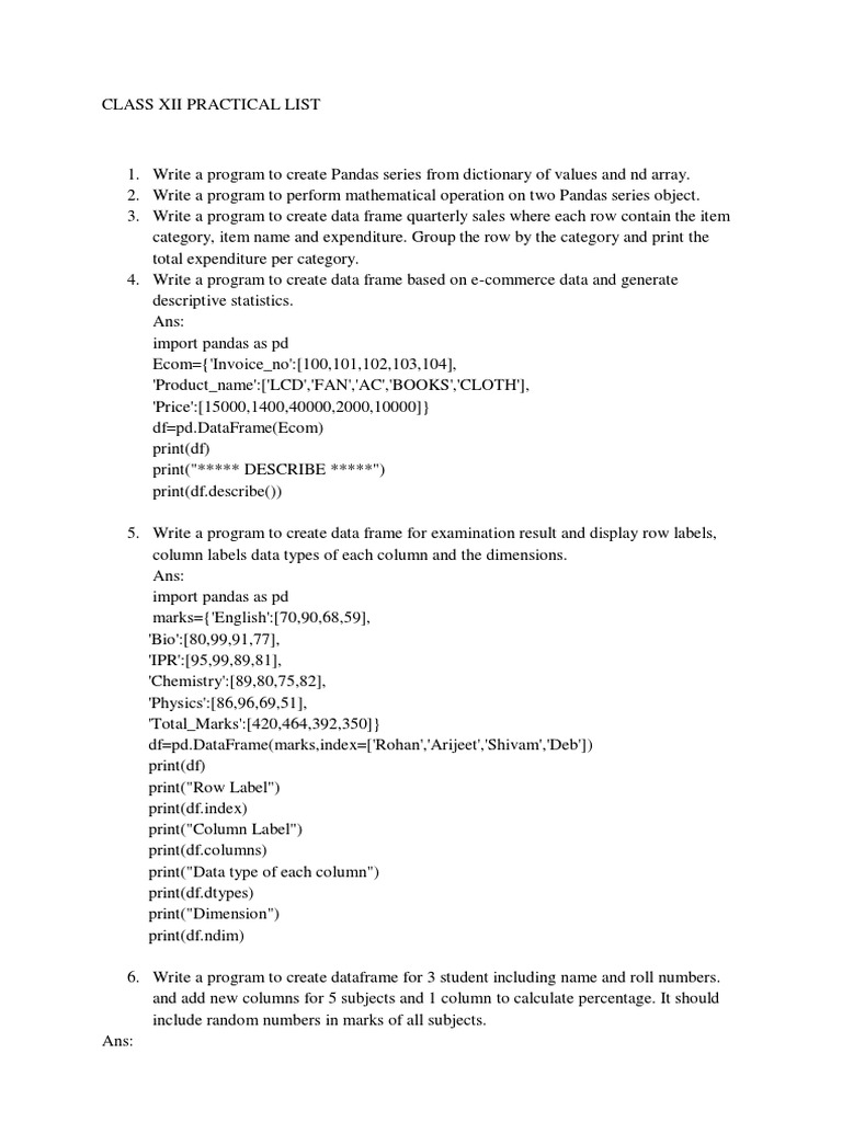 Class XII Pandas & SQL Practical List | PDF | Sql | Table (Database)
