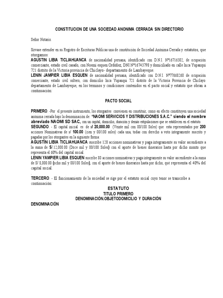 Constitucion de Una Sociedad Anonima Cerrada Sin Directorio (1) Final | Descargar gratis PDF ...