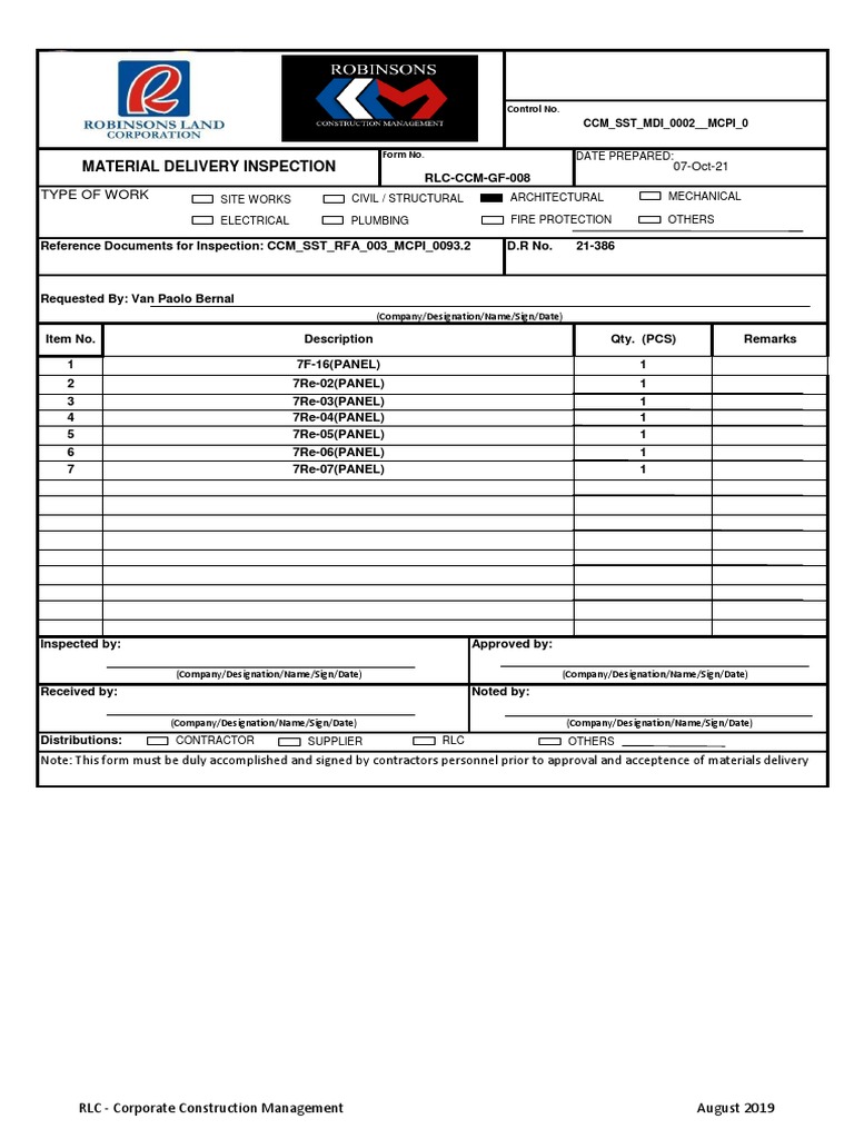 Material Delivery Inspection: Type of Work | Descargar gratis PDF ...