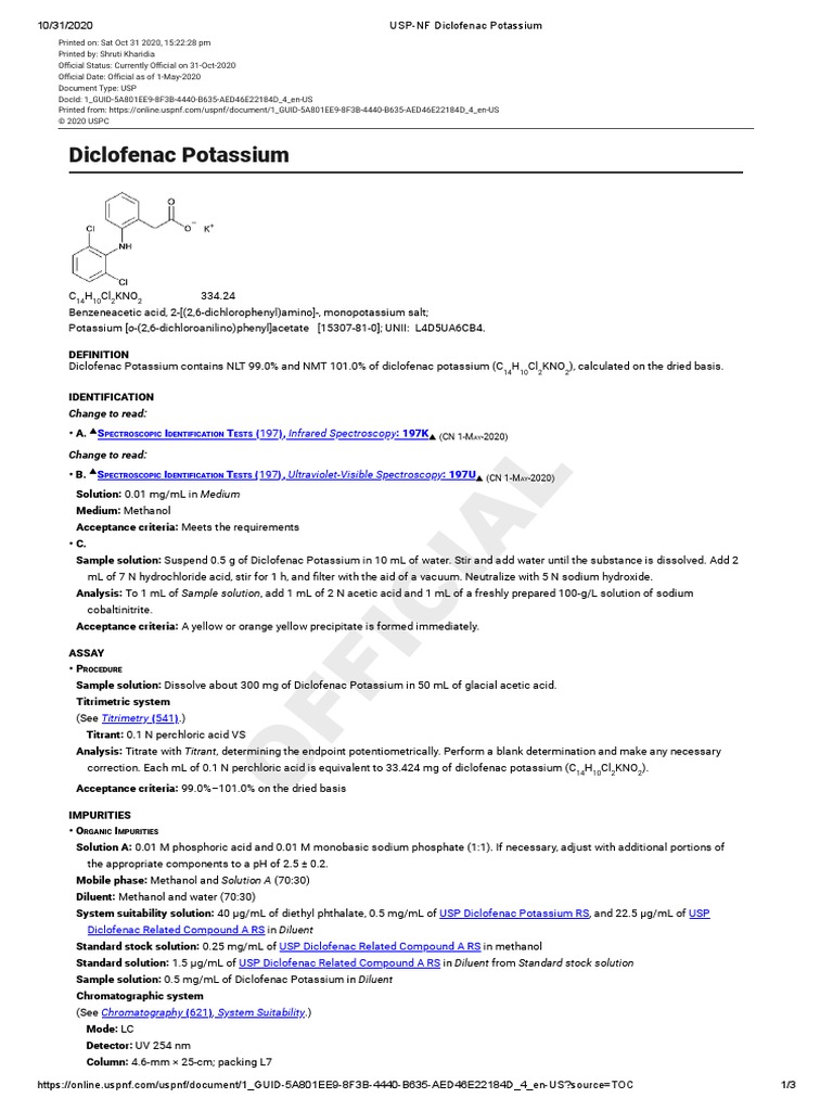 Diclofenac Potassium Usp Materia Prima | PDF | Titration | Chemistry