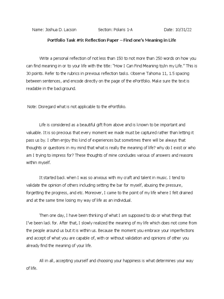 Portfolio Task 9 - Reflection Paper - Find Ones Meaning in Life Lacson ...