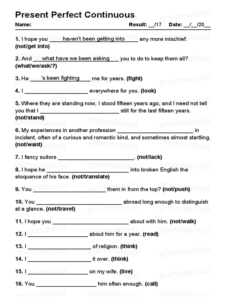 Grammarism Present Perfect Continuous Test 1 1898522 | PDF