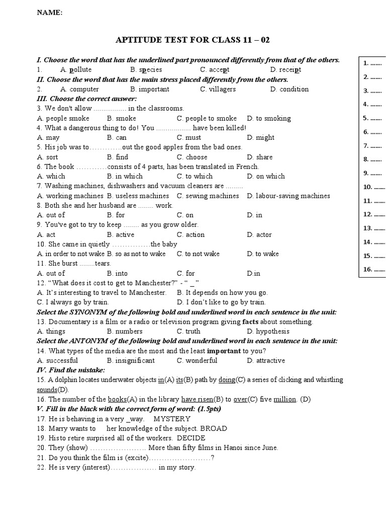 Aptitude Test For Class 11 02 | PDF