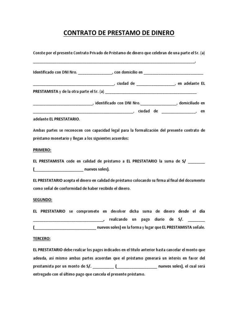 Modelo De Contrato De Prestamo De Dinero Word Contrato De Prestamo De