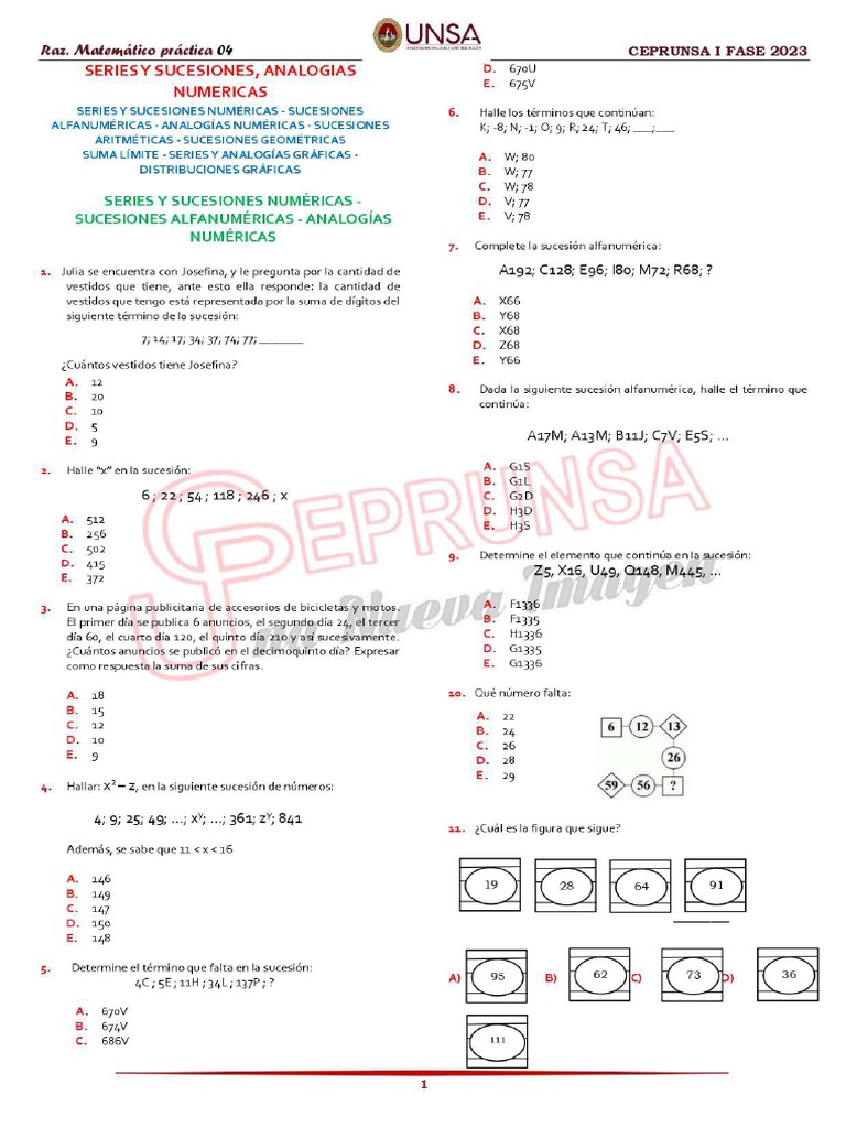 Practica #4 Raz. Log. Matemático - Ceprunsa I Fase 2023 | PDF
