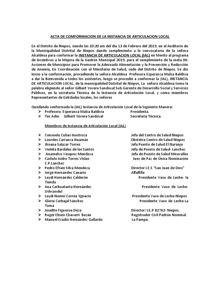 Acta de Comformacion de La Instancia de Articulacion Local | PDF | Gobierno Acta de Comformacion de La Instancia de Articulacion Local | PDF | Gobierno