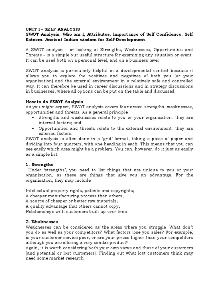 SS - UNIT 1 Study Material | PDF | Self Esteem | Swot Analysis