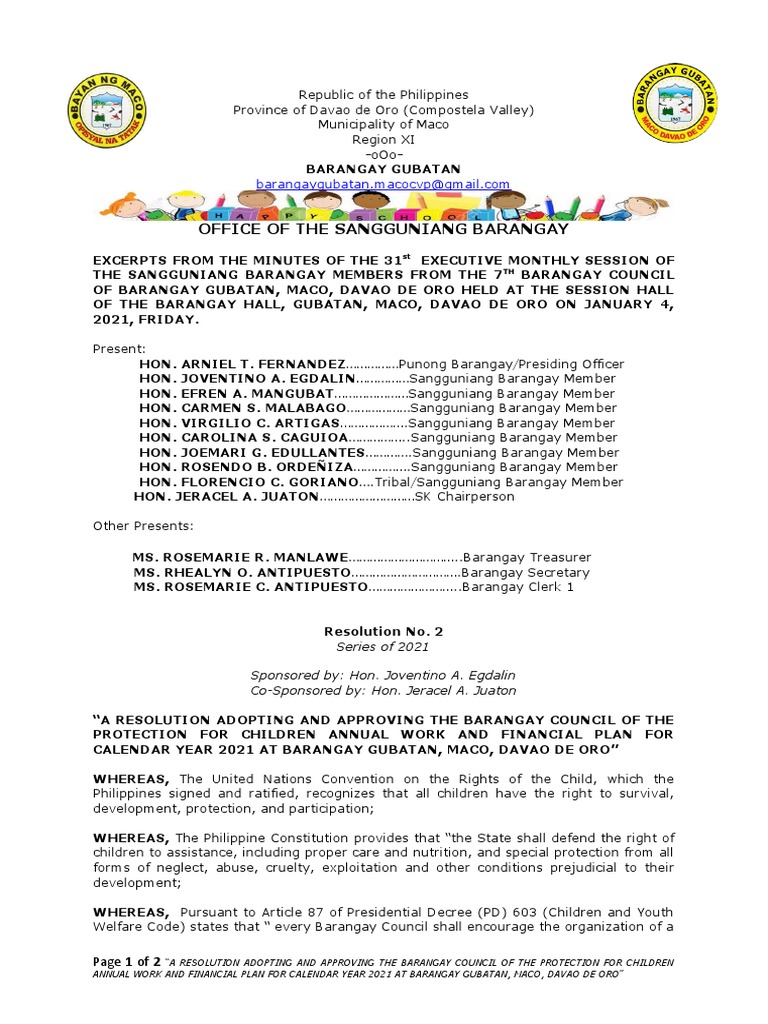 Resolution Number 2 BCPC Plan 2021 | PDF | Justice | Crime & Violence