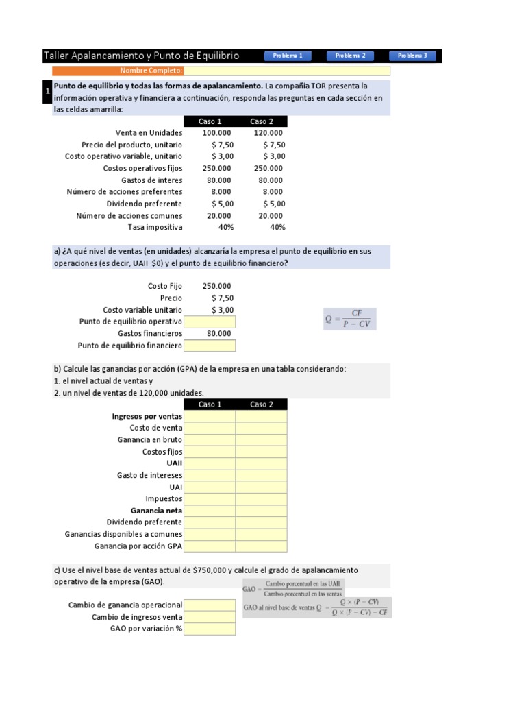 Taller 2 - Apalancamiento y Punto de Equilibrio | PDF | Apalancamiento (Finanzas) | Economias