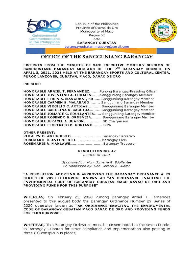 Resolution Number 42 Approving Environmental Code | PDF | Government ...