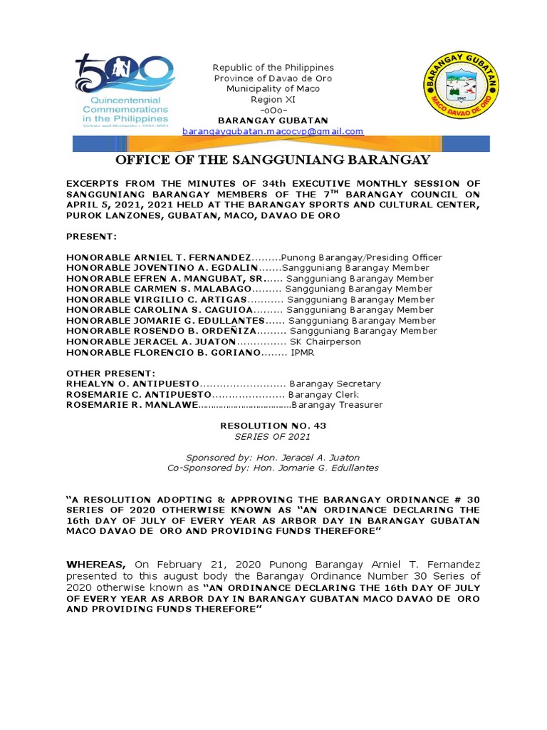 Resolution Number 43 Approving Arbor Day | PDF | Government | Justice