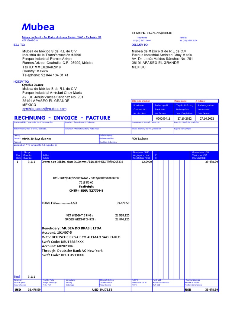 FAT Mubea Mexico - Seafreight - 27 - 10 - 22 - 000200411 | PDF | Taxes ...