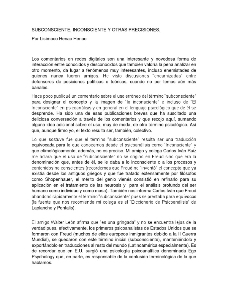 Subconsciente, Inconsciente y Otras Precisiones | PDF | Mente ...