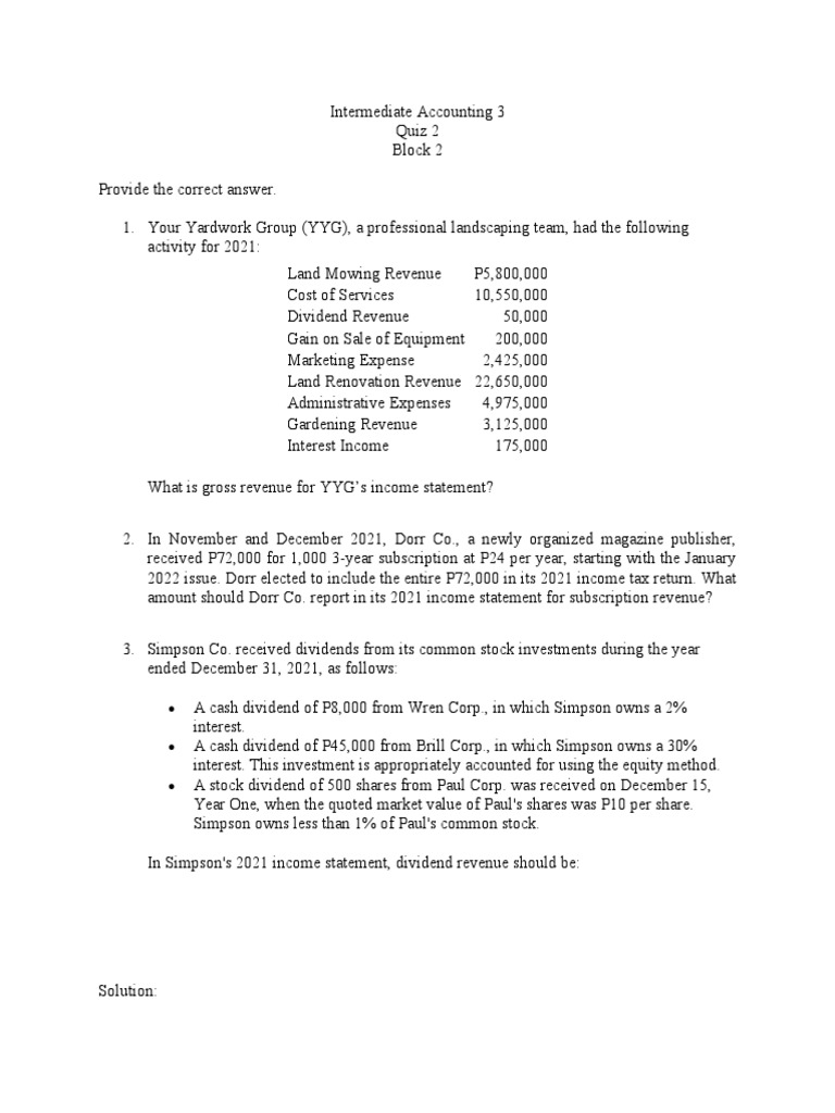 Intermediate Accounting Quiz 2 Solutions Pdf Dividend Stocks