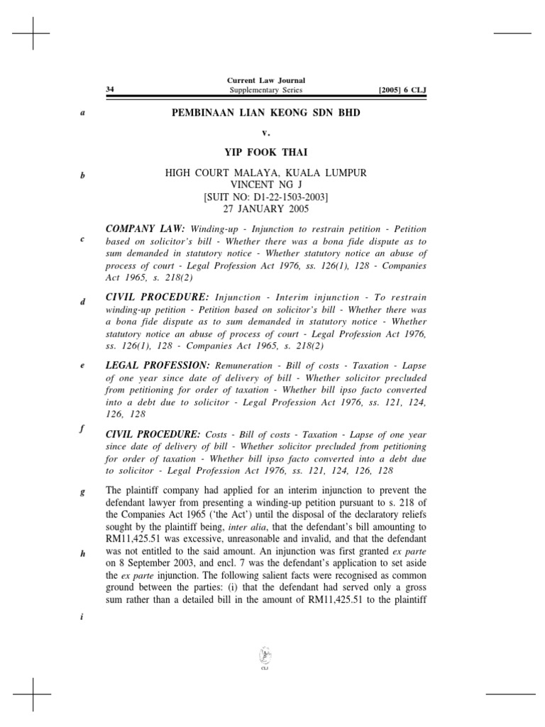 Pembinaan Lian Keong SDN BHD v. Yip Fook Thai (2005) 6 CLJ 34 | PDF | Lawsuit | Injunction