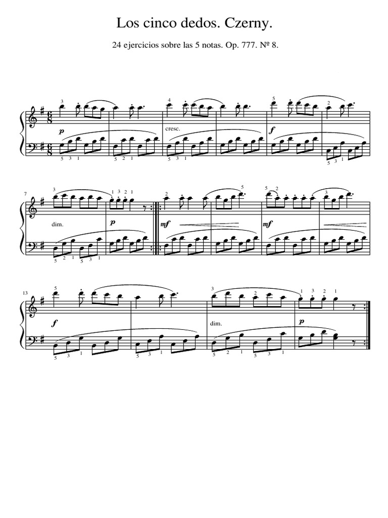 Los Cinco Dedos. Czerny.: 24 Ejercicios Sobre Las 5 Notas. Op. 777. #8 | PDF