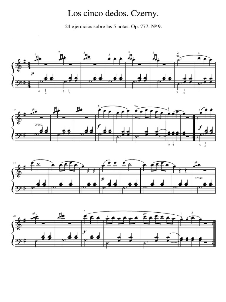 Los Cinco Dedos. Czerny.: 24 Ejercicios Sobre Las 5 Notas. Op. 777. #9 | PDF