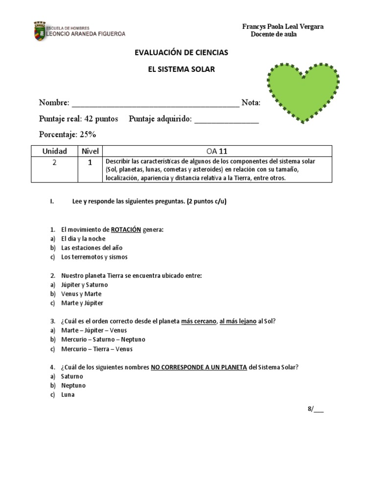 Prueba Del Sistema Solar Teachervision Evaluación Sistema Solar
