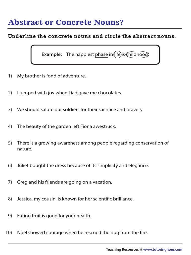 Concrete Abstract Nouns Worksheet Abstract Nouns And Concrete Nouns