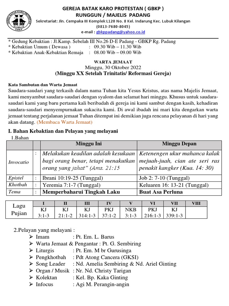 Minggu XX Kenca Trinitatis - Minggu Reformasi Gereja - Momo - 30 Oktober 2022 | PDF
