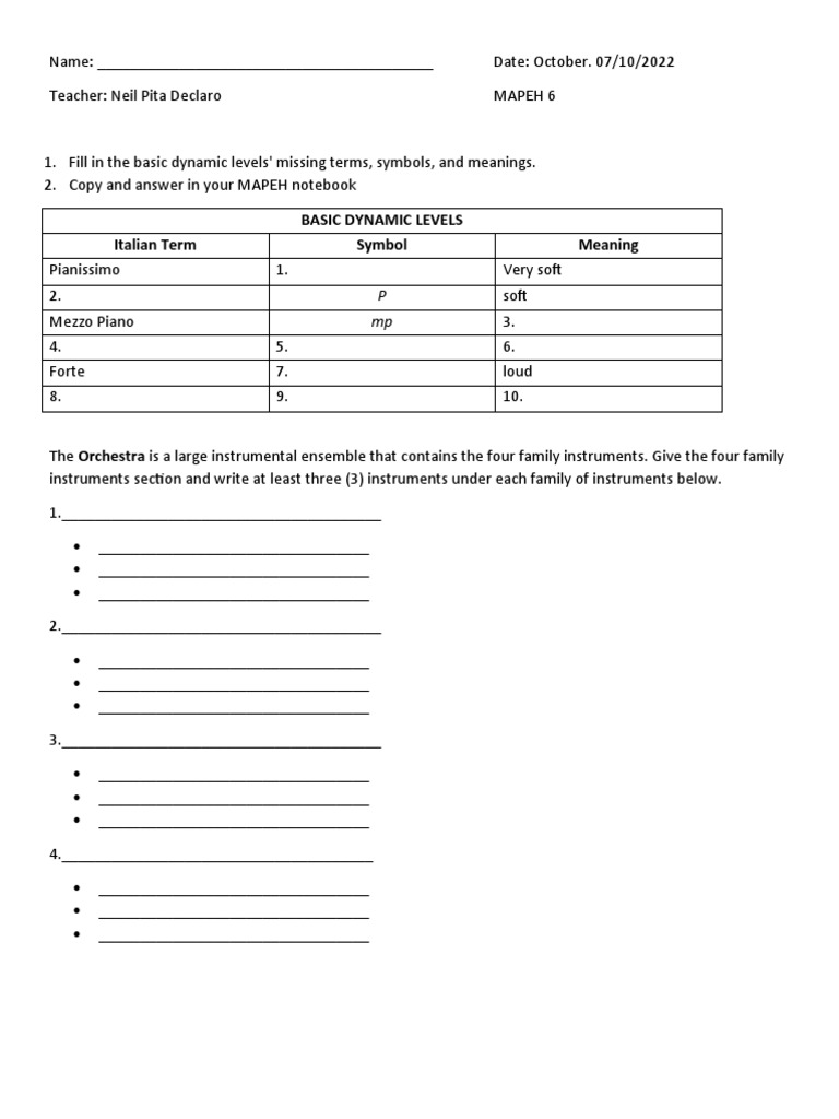 MAPEH 6 Quiz 1stgrading | PDF