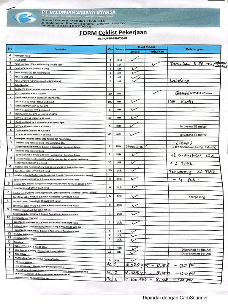 Form Ceklist Pekerjaan | PDF
