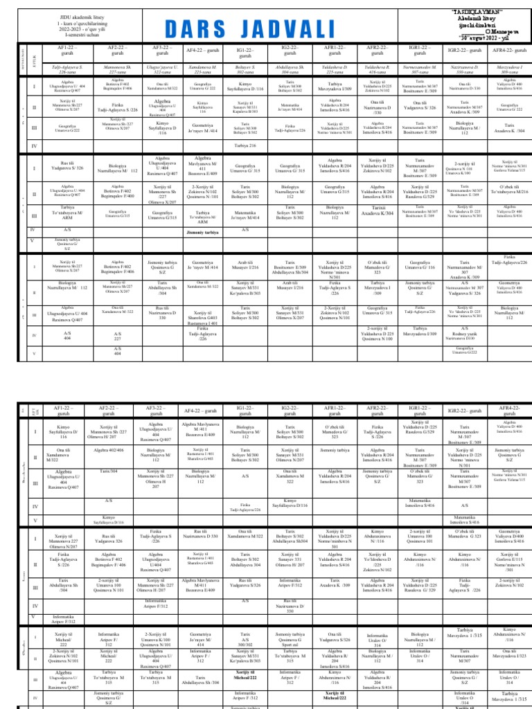 Litsey 1-kurs Dars Jadvali | PDF