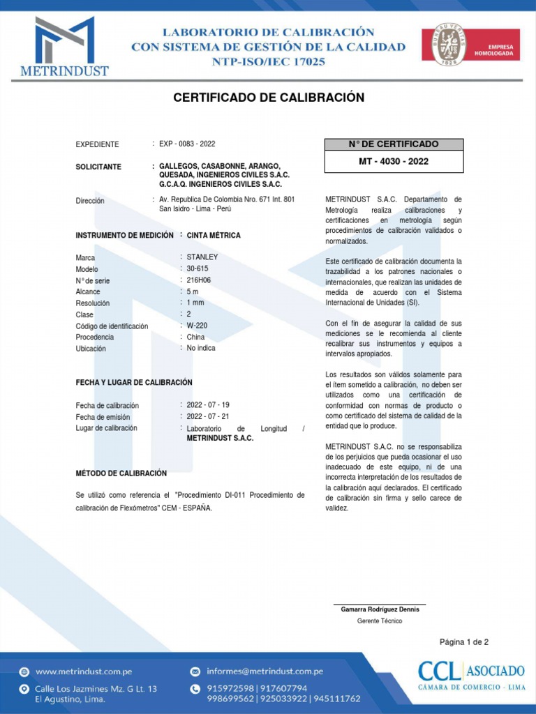 Certificado de Calibracion CINTA METRICA | PDF | Calibración | Metrología