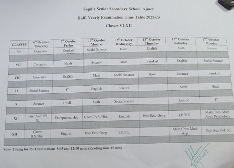 Half - Yearly Examination Time Table | Download Free PDF | Science