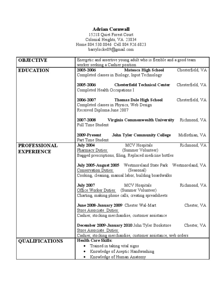 Cashier Resume for Adrian Cornwall | PDF | Wellness