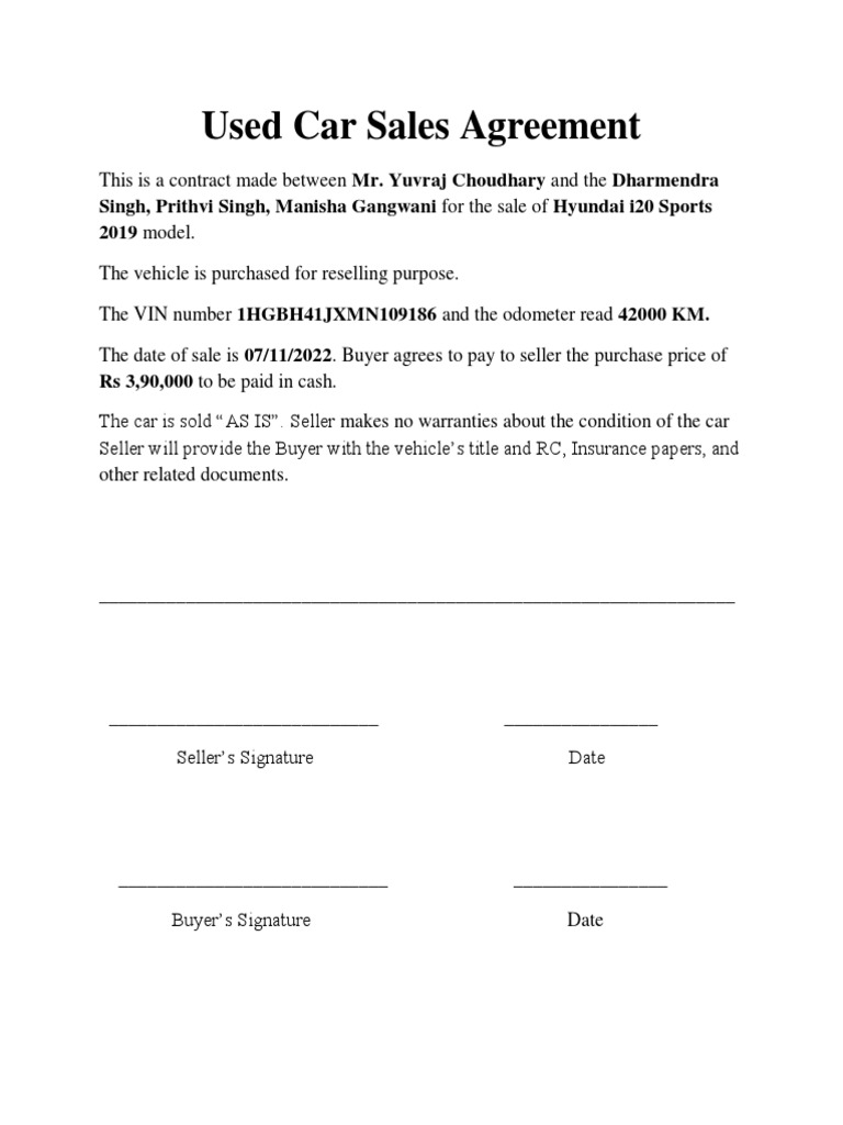 Used Car Sales Agreement | PDF | Law