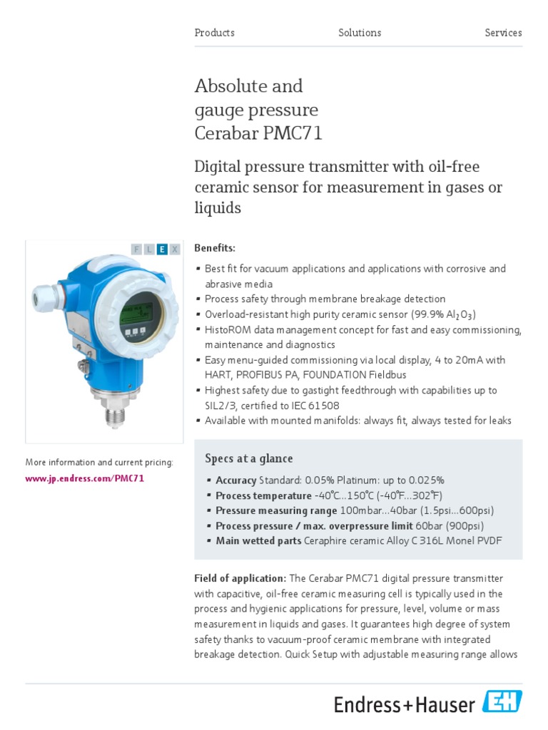Endress-Hauser Cerabar S PMC71 EN | PDF | Pressure Measurement | Pressure