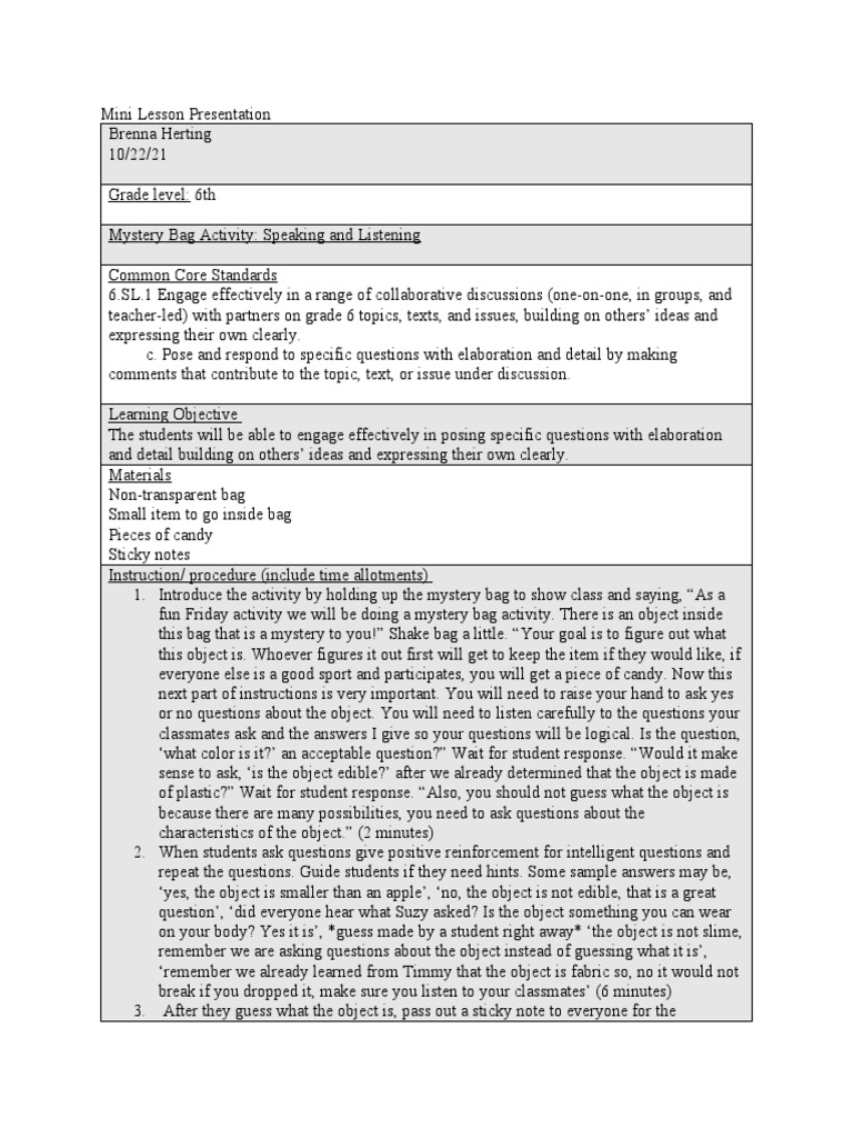6th Grade Mystery Bag Activity | PDF | Communication | Cognitive Science