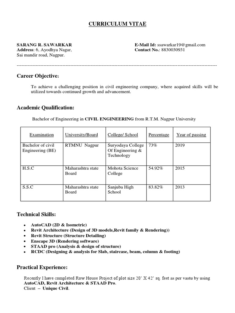 BIM CV of Sarang R. Sawarkar | PDF | Autodesk Revit