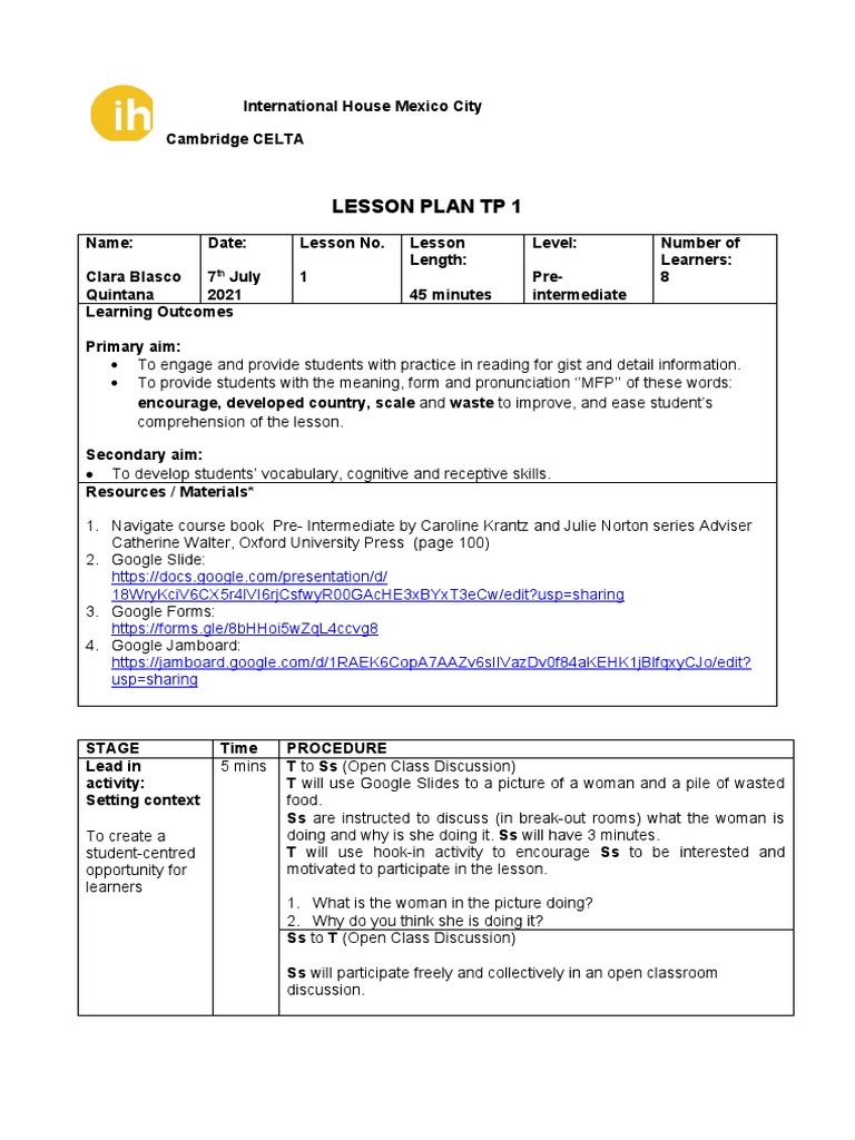 CELTA Lesson Plan: Reading & Vocabulary | PDF | Reading Comprehension | Cognition