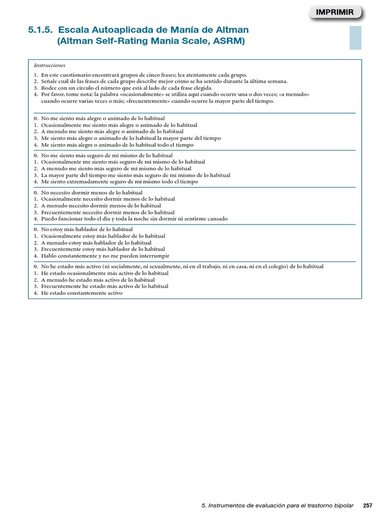 ESCALA Autoaplicada de Manía de Altman | PDF