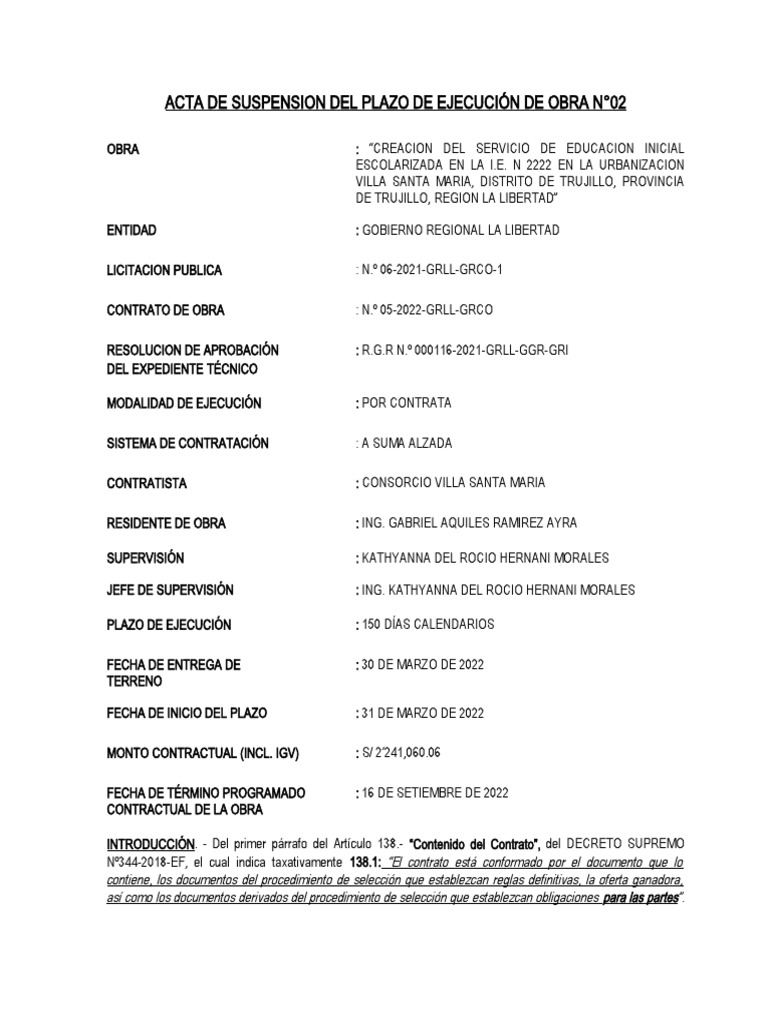 Acta Suspension N°02 de Plazo de Ejecución - Villa Santa Maria | PDF | Ciencias de la Salud