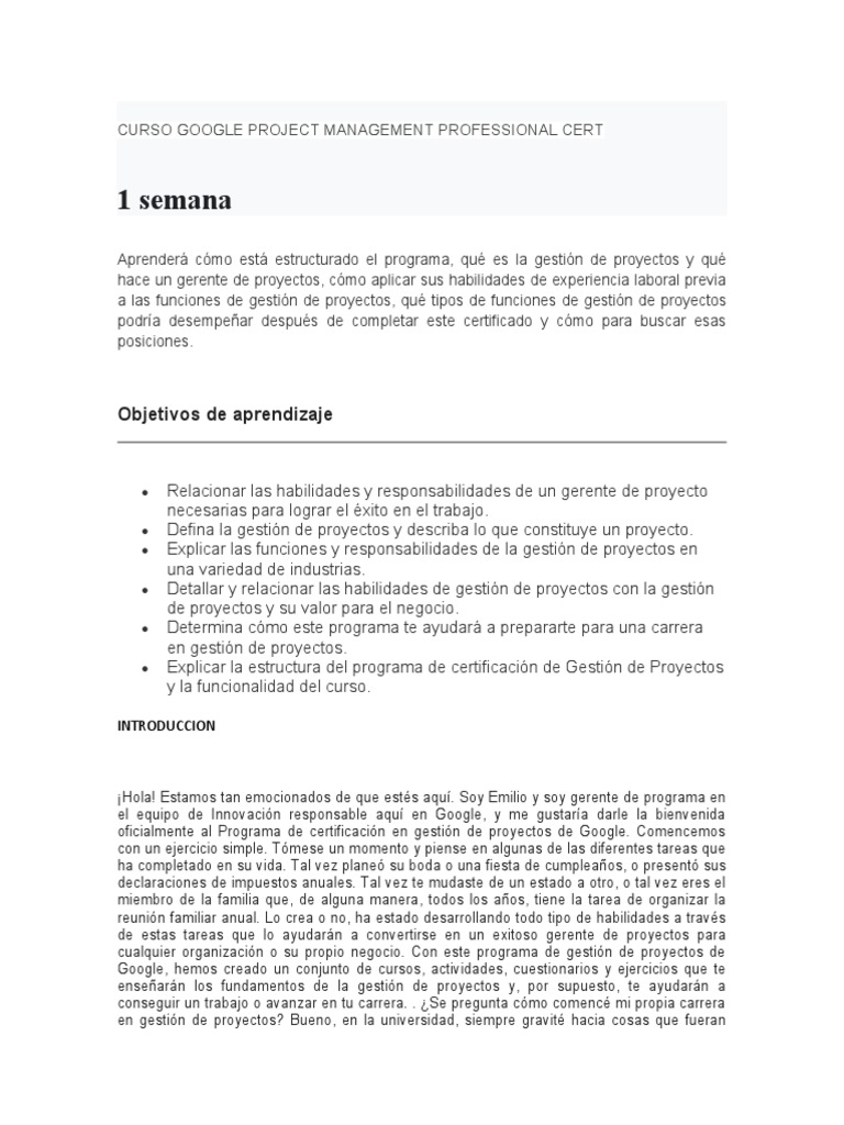 Curso Google Project Management Professional Certificate 1 Semana Version Español | PDF ...