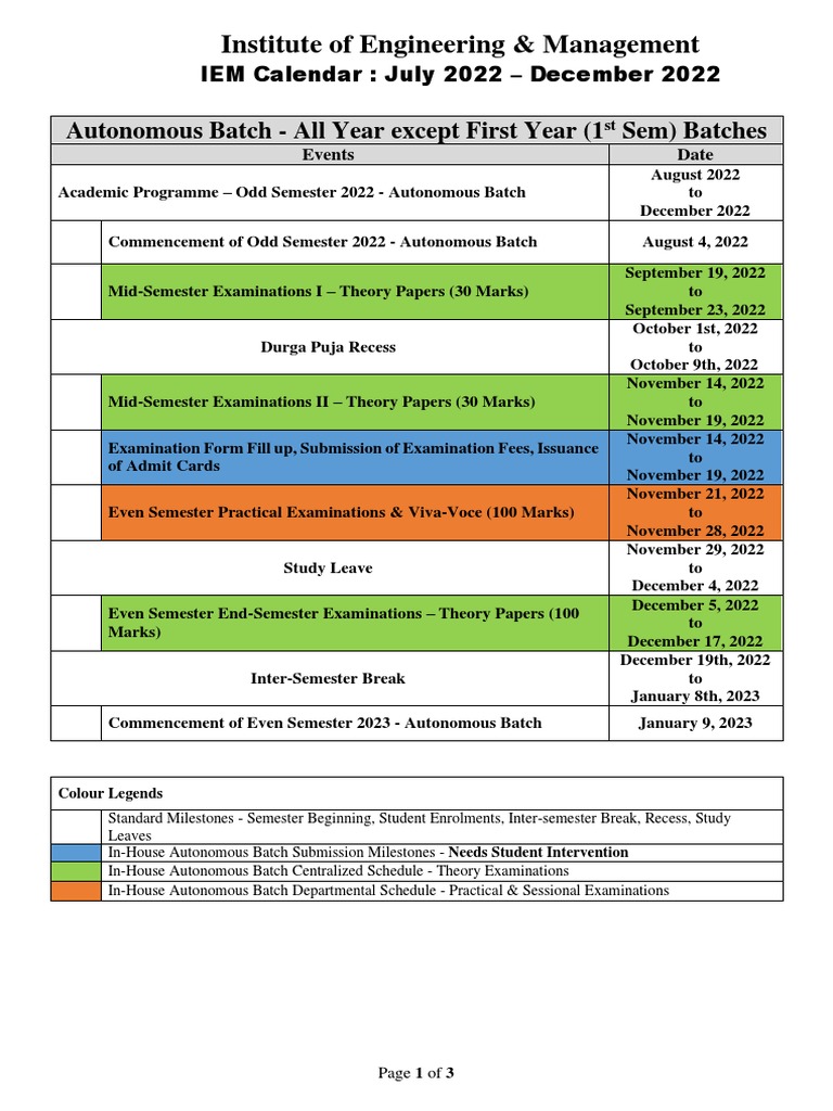 2022-2023 IEM Odd Sem Academic Calendar - July 2022 - December 2022 ...