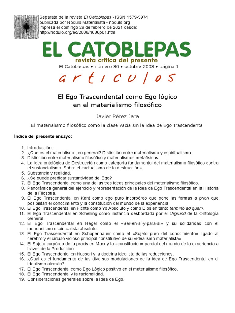 Javier Pérez Jara, El Ego Trascendental Como Ego Lógico en El Materialismo Filosófico, El ...