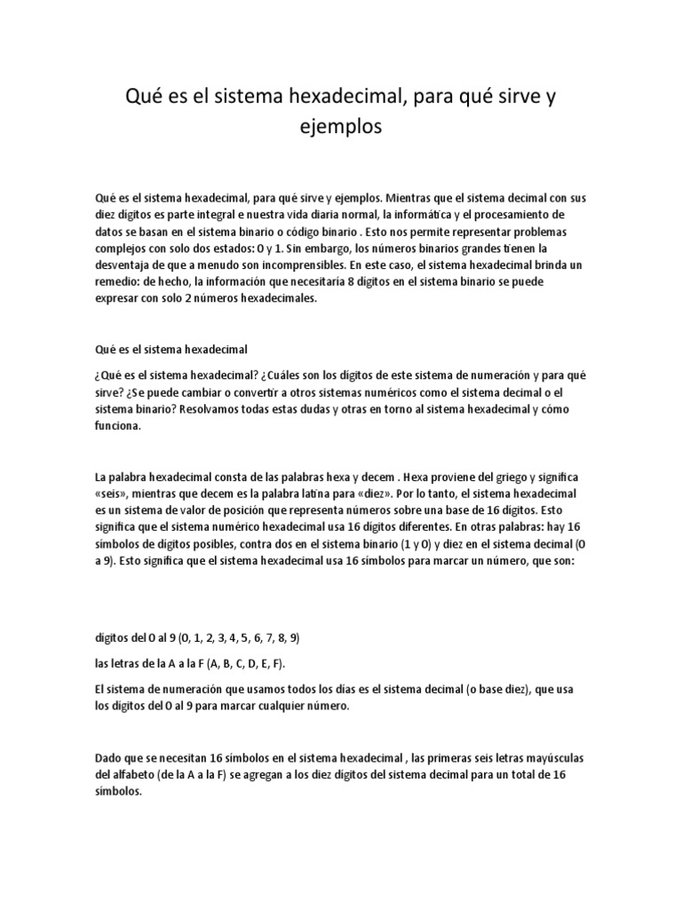 Qué Es El Sistema Hexadecimal Pdf Poco Decimal