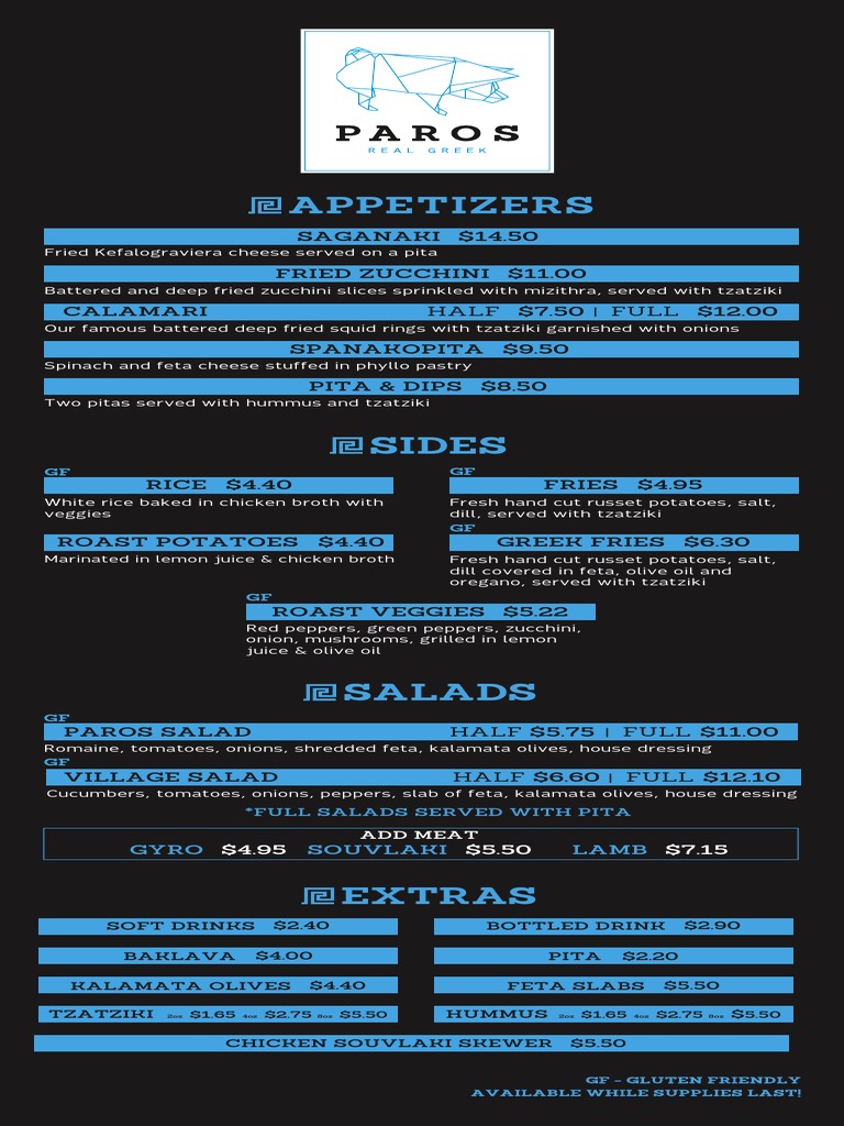 Paros Greek Menu | PDF | Prepared Foods | Food Ingredients