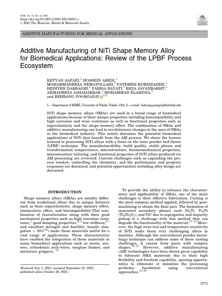 Additive Manufacturing of NiTi Shape Memory Alloy | PDF | Shape Memory Alloy | Chemistry
