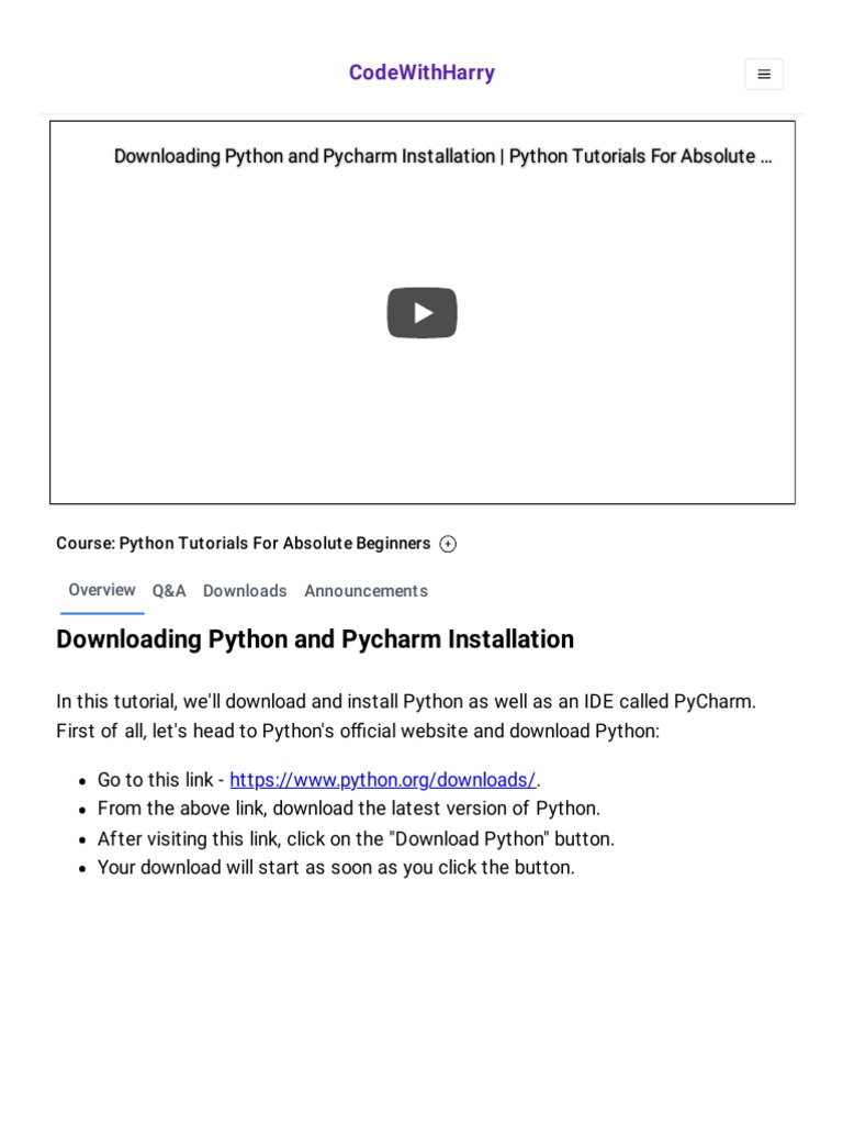 Downloading Python and Pycharm Installation - CodeWithHarry | PDF
