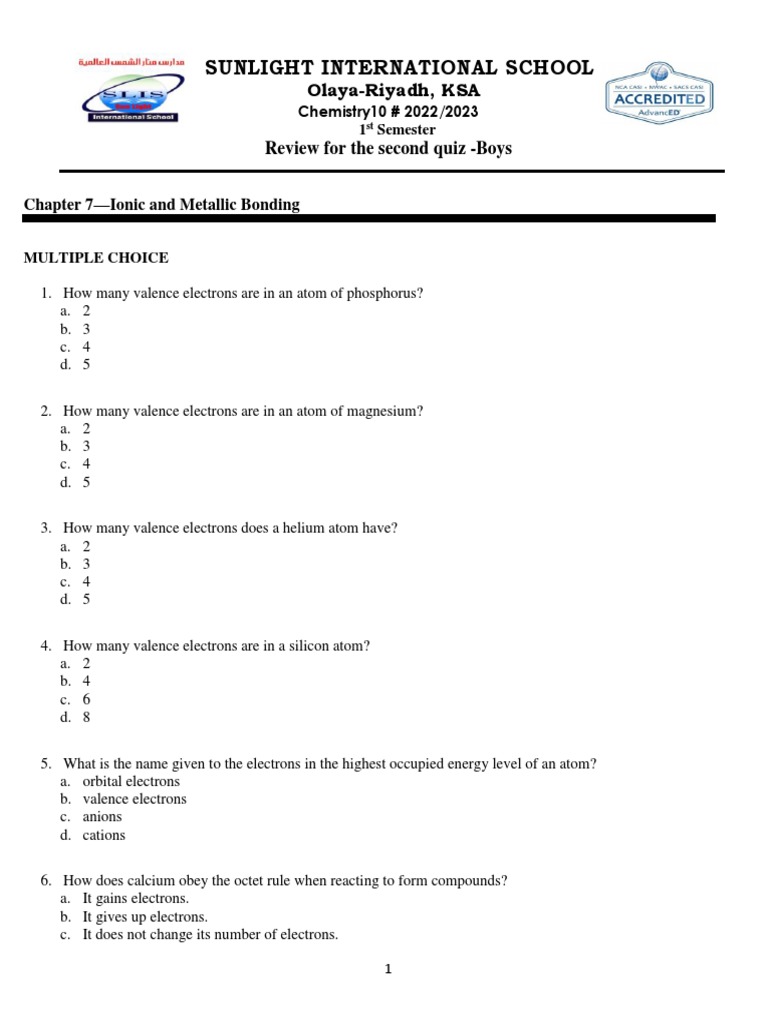 G10-2nd-Q-review Sheets-Chem-Chap7, 8.1, 8.2 | PDF | Chemical Compounds | Chemical Bond