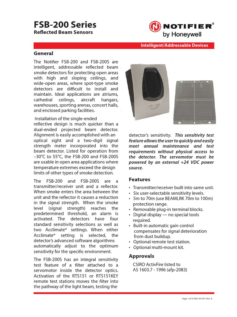 Notifier FSB 200 Series Refleced Beam Sensors | PDF | Sensor | Computer Engineering